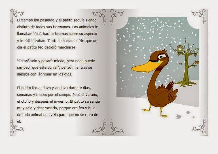 Cuentos infantiles: El patito feo. Ilustraciones a color y texto del cuento.