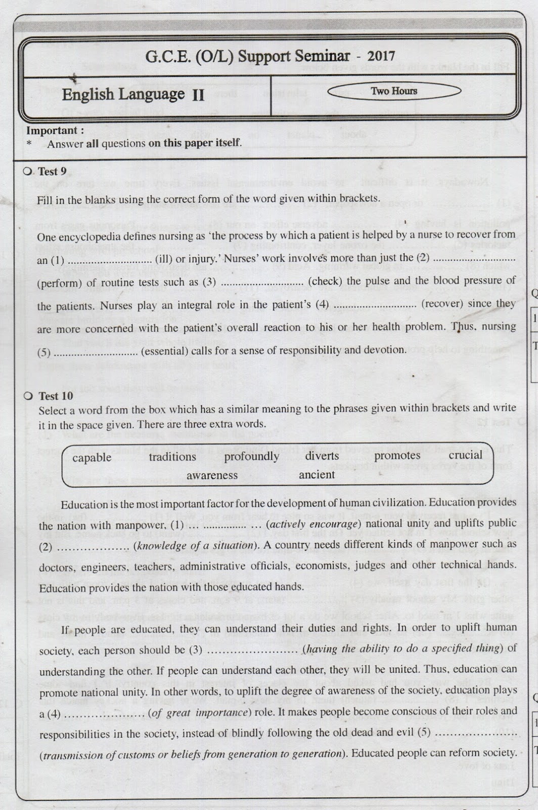 English Model Activities O/ L : O L ENGLISH RESULTS ENHANCEMENT PAPERS
