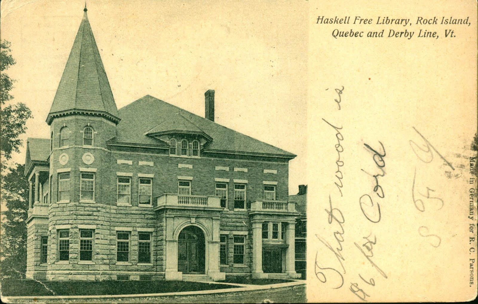 Library Postcards: 1906 Haskell Free Library, Rock Island, Quebec and ...