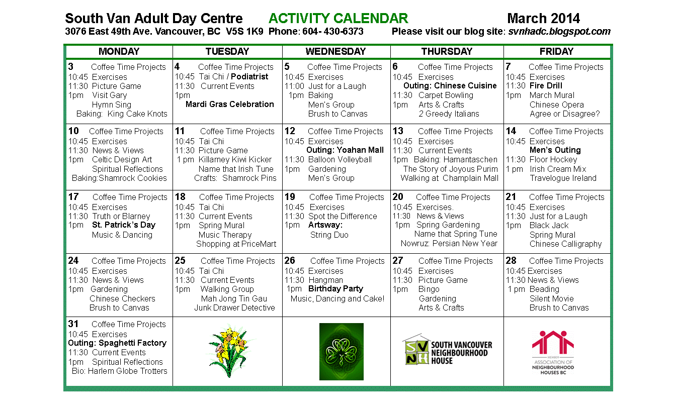 South Vancouver and Beulah Gardens Adult Day Programs: March Calendars ...