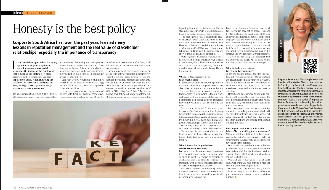 Businesswoman's Blog: Leadership Magazine: Honesty is the best policy