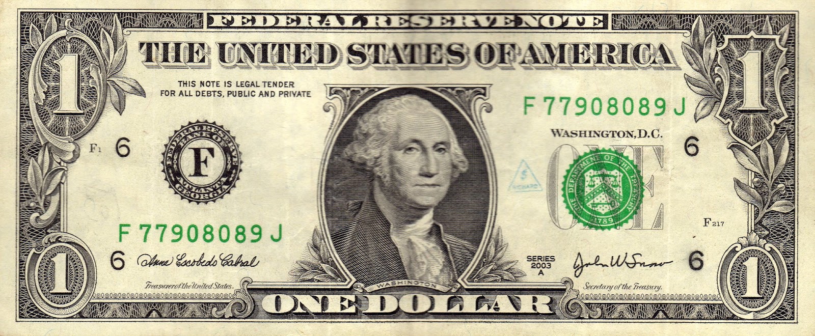 NOTAFILIA - BILLETES DEL MUNDO: #461 ESTADOS UNIDOS 1 DOLAR - Atlanta "F"