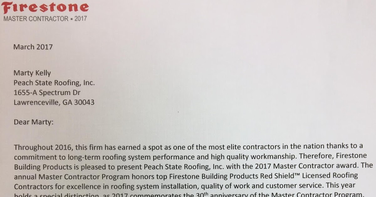 Peach State Roofing, Inc.: Firestone Master Contractor Award Letter - 2017