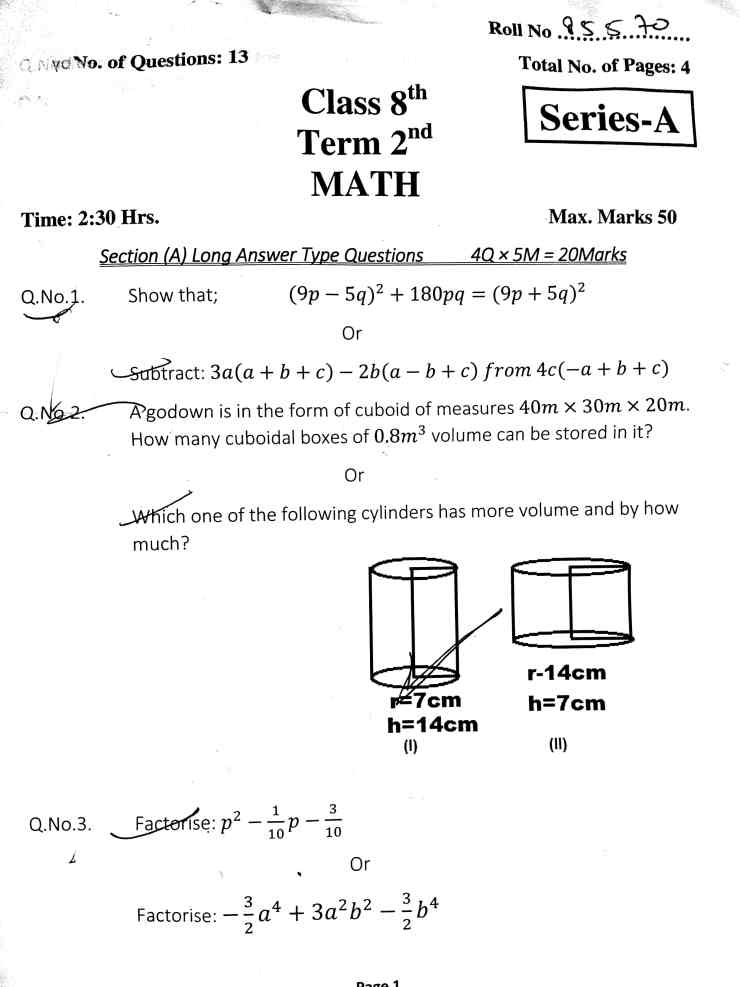 8th Class Math paper ~ Study Material