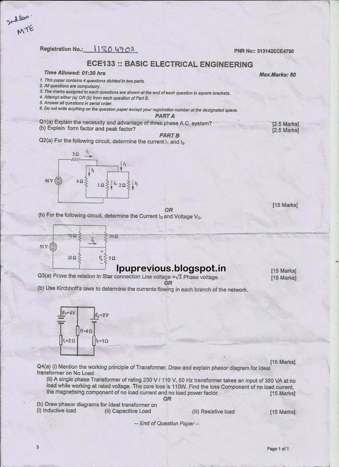 ECE 133 :: BASIC ELECTRICAL ENGINEERING previous question papers and ...