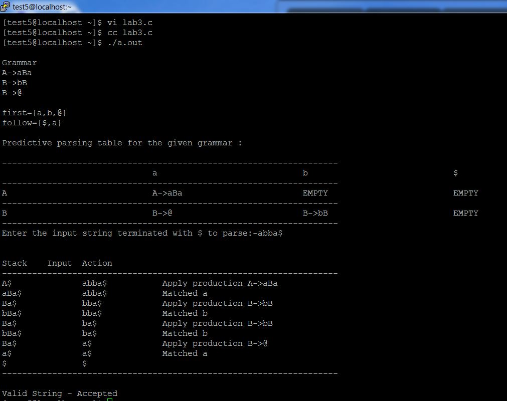 VTU CSE LABS: SS 3 - C - PREDICTIVE/LL(1) PARSING TABLE