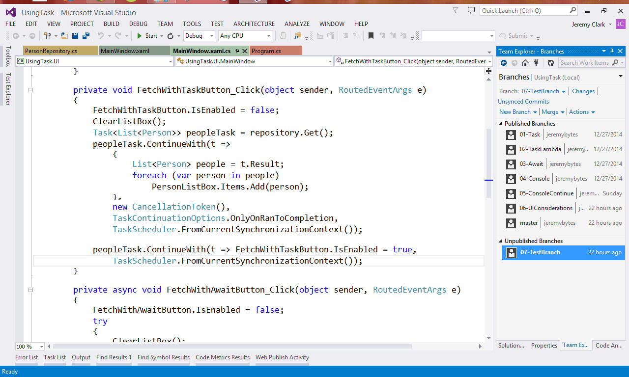 Jeremy Bytes: Getting Used to Git in Visual Studio: Branches
