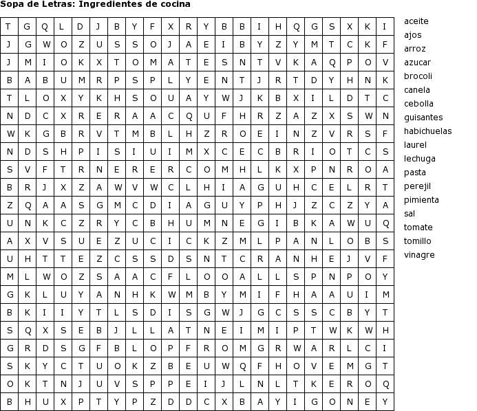 Pasatiempos para Imprimir: Sopa de Letras - Ingredientes de cocina