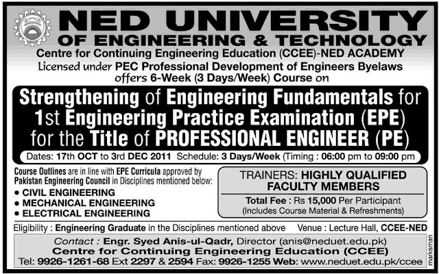 Admission in Pakistan: EPE Course in NED University of Engineering and ...