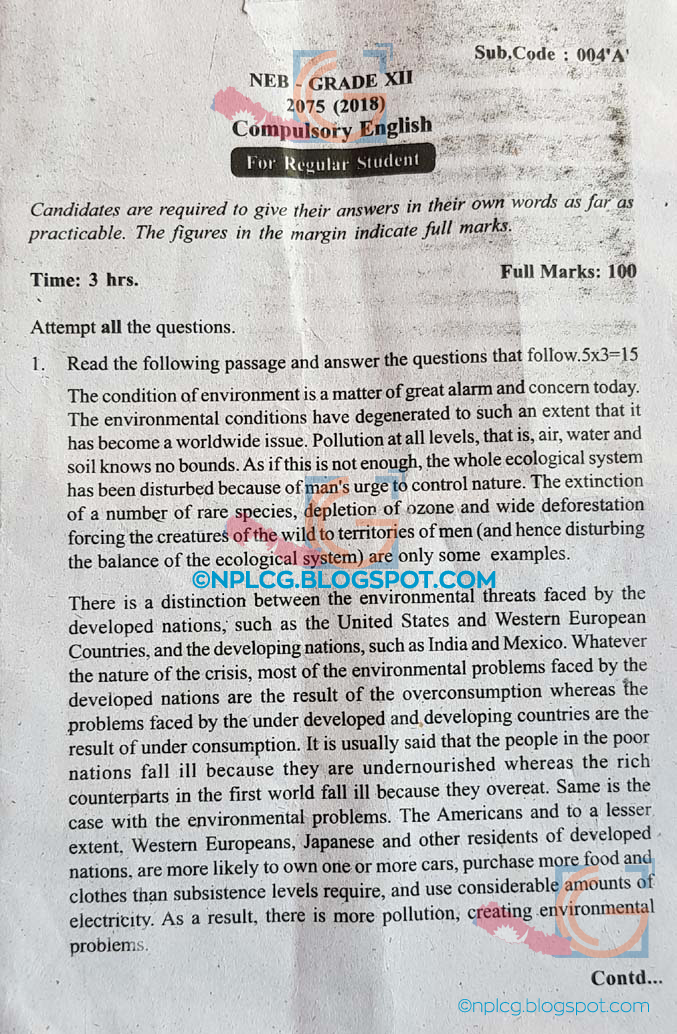 Compulsory English | Grade 12 | Question Paper 2075 [2018] | National ...
