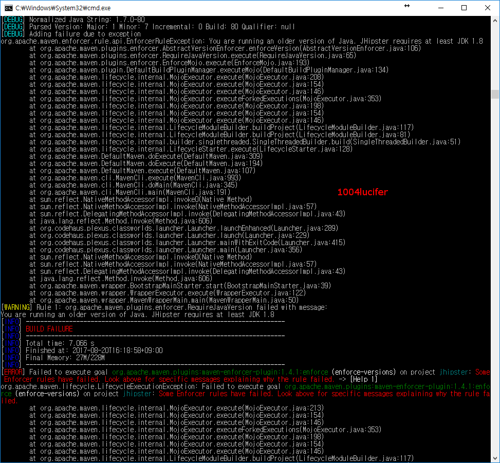 [JHipster] mvnw 실행 시 'Some Enforcer rules have failed. Look above for specific messages ...
