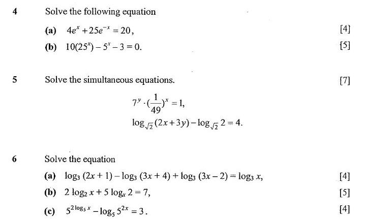 Q4, 5, 6 Logarithms and indices - Challenging O level Additional Maths