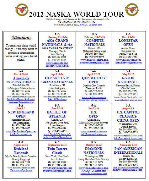 CANADA SPORT KARATE MEDIA SERVICES: 2012 NASKA World Tour Calendar