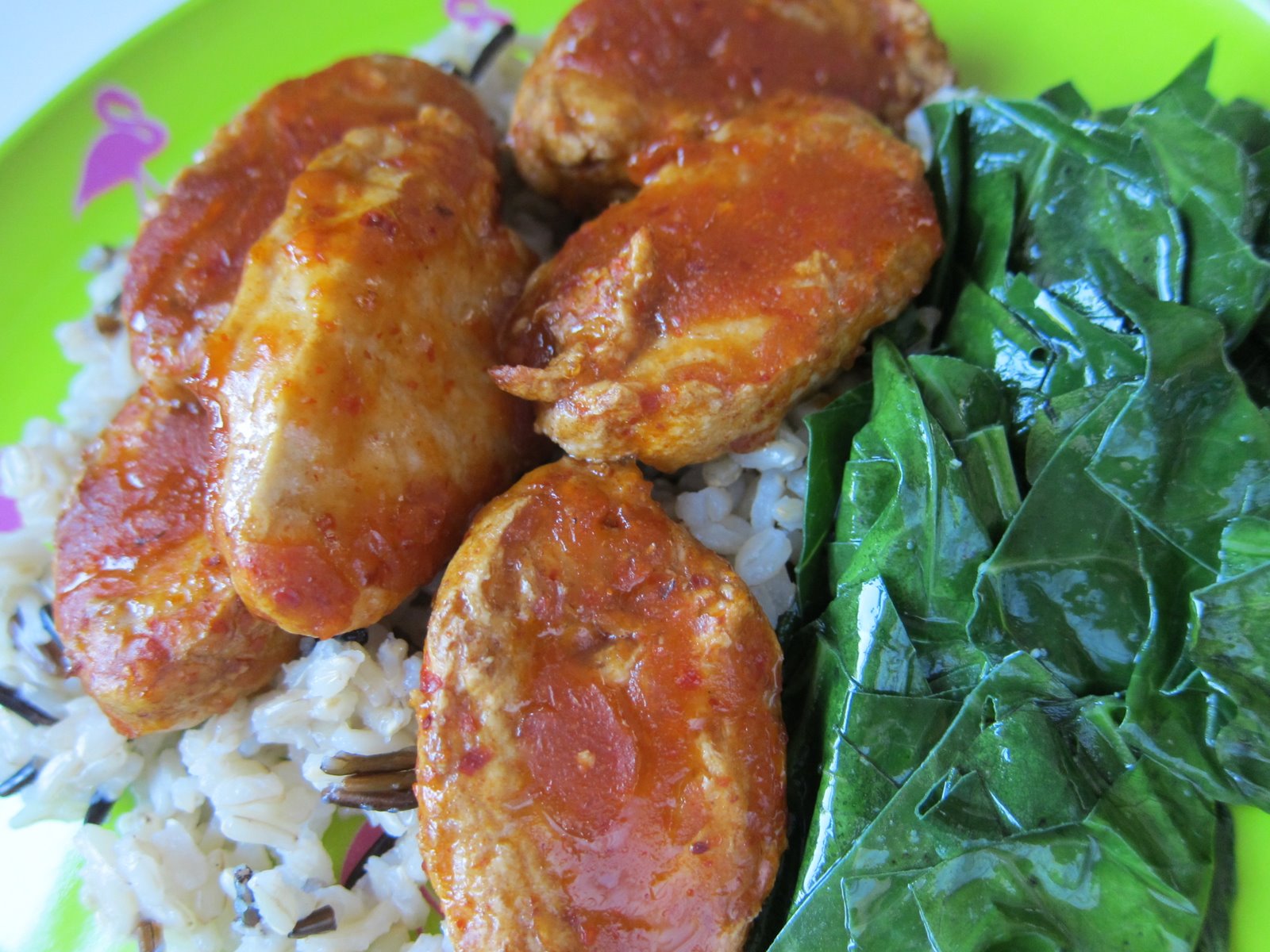 WholeFoodVegan: Gardein Buffalo Wings over Rice with Collard Greens