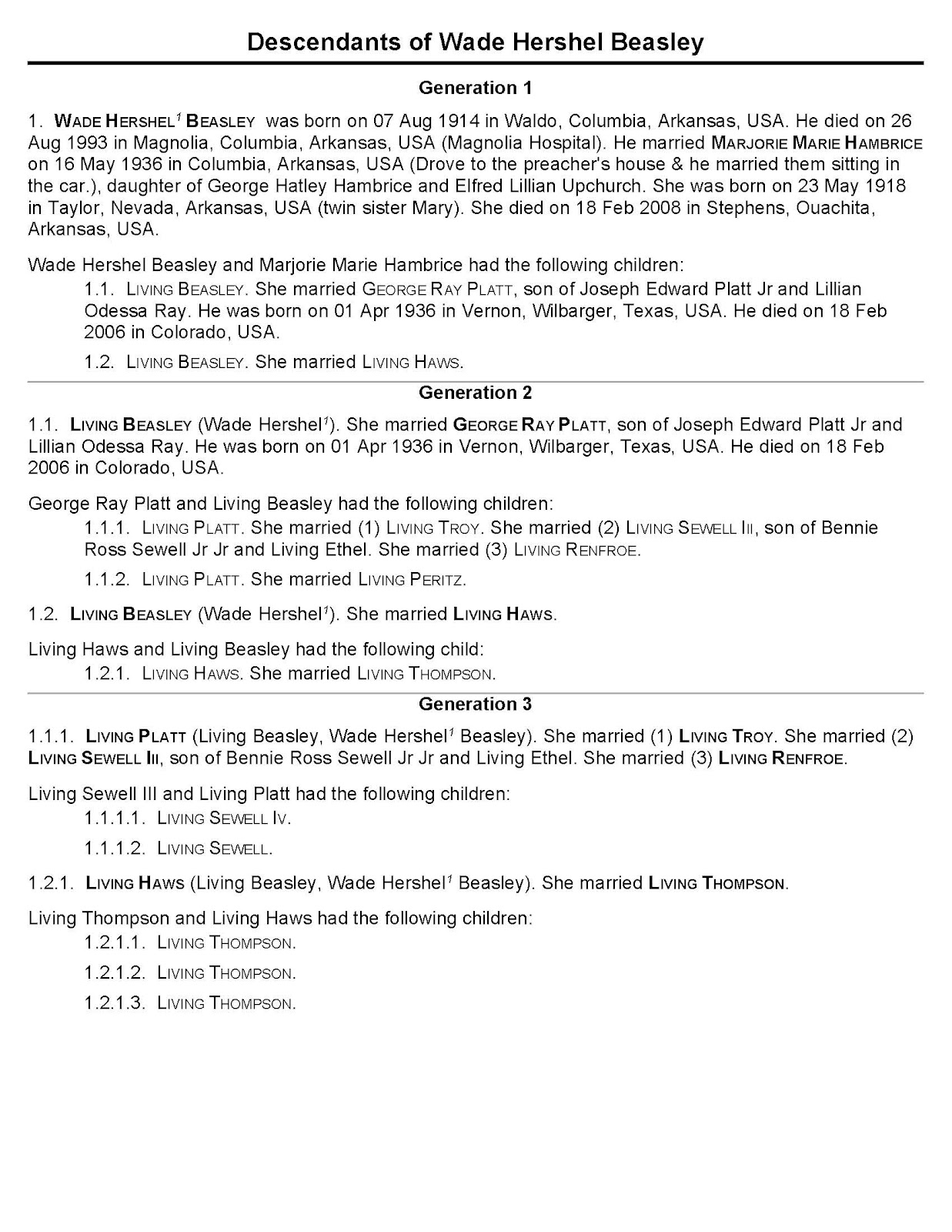 Beasley Family History: Wade Herschel Beasley 1914-1993