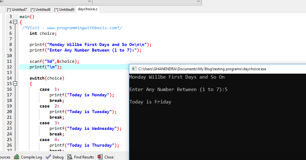 C Program To Print Day Of Week Name Using Switch Case