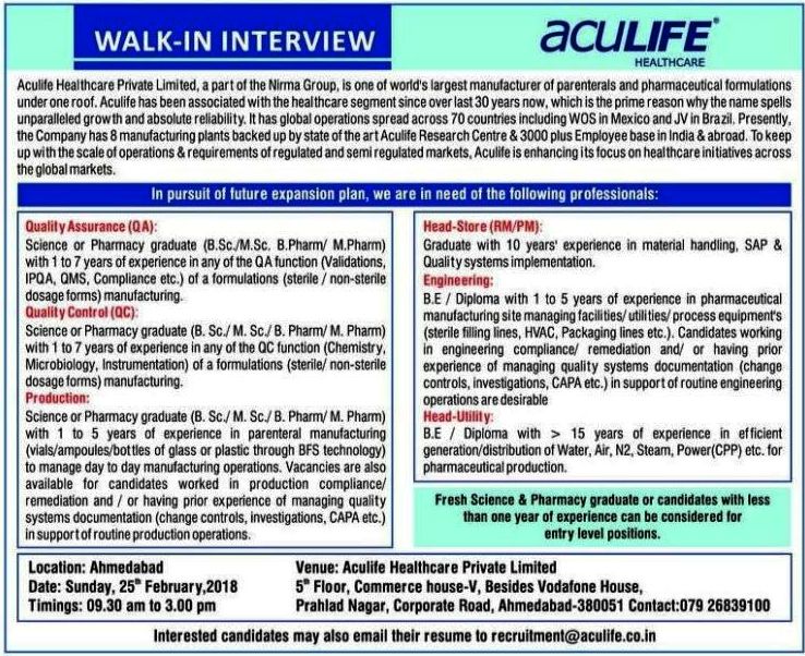 Aculife Healthcare Pvt. Ltd - Walk-In Interview for Multiple Positions ... Aculife Healthcare Pvt. Ltd - Walk-In Interview for Multiple Positions ...