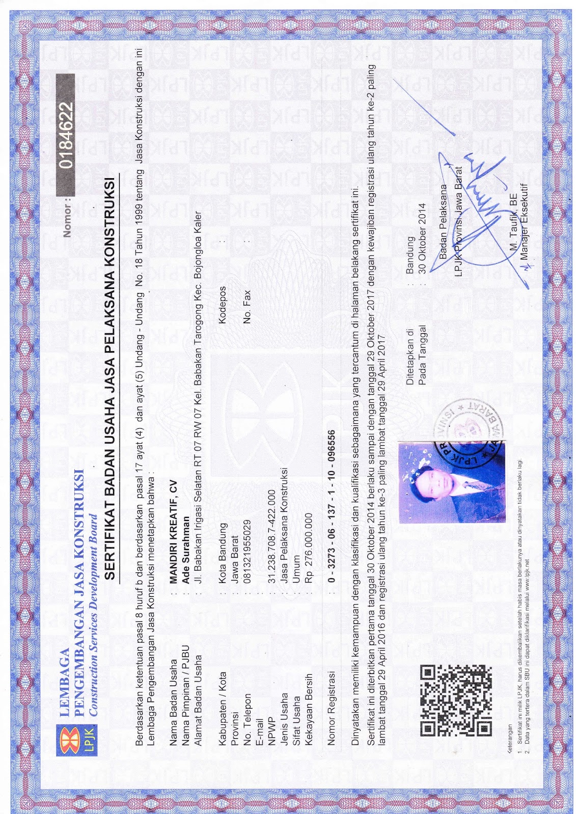 SIUP. SBU.KTA ~ CV. Mandiri Kreatif