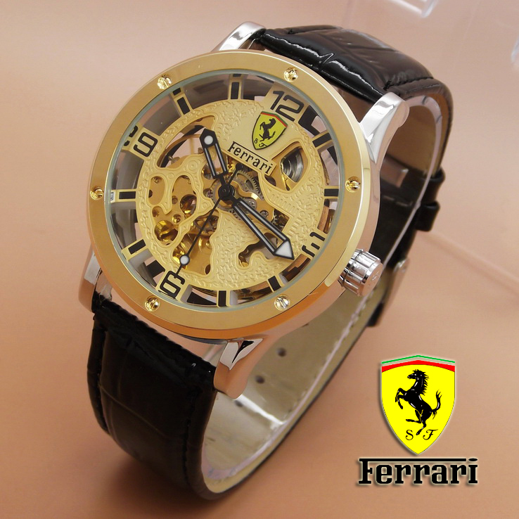 Jam Tangan Otomatis Ferrari Skeleton Leather (Gold Dial Black Leather ...