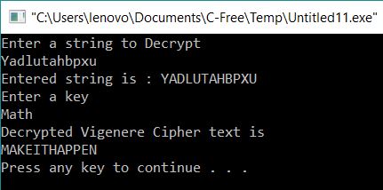 All C Programs: Program 231: Decryption of Viginere Cipher using C