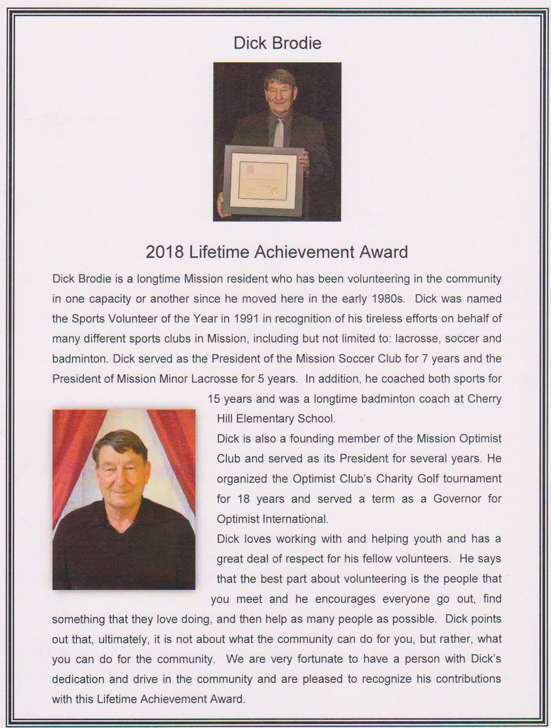 Pnw District Optimist Clubs Dick Brodie Earns Lifetime Achievement Award