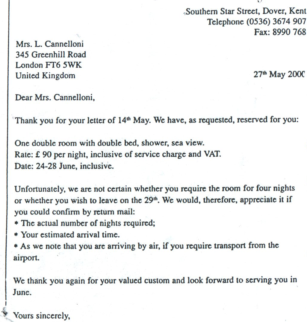 Angol levelezés: Mintalevelek