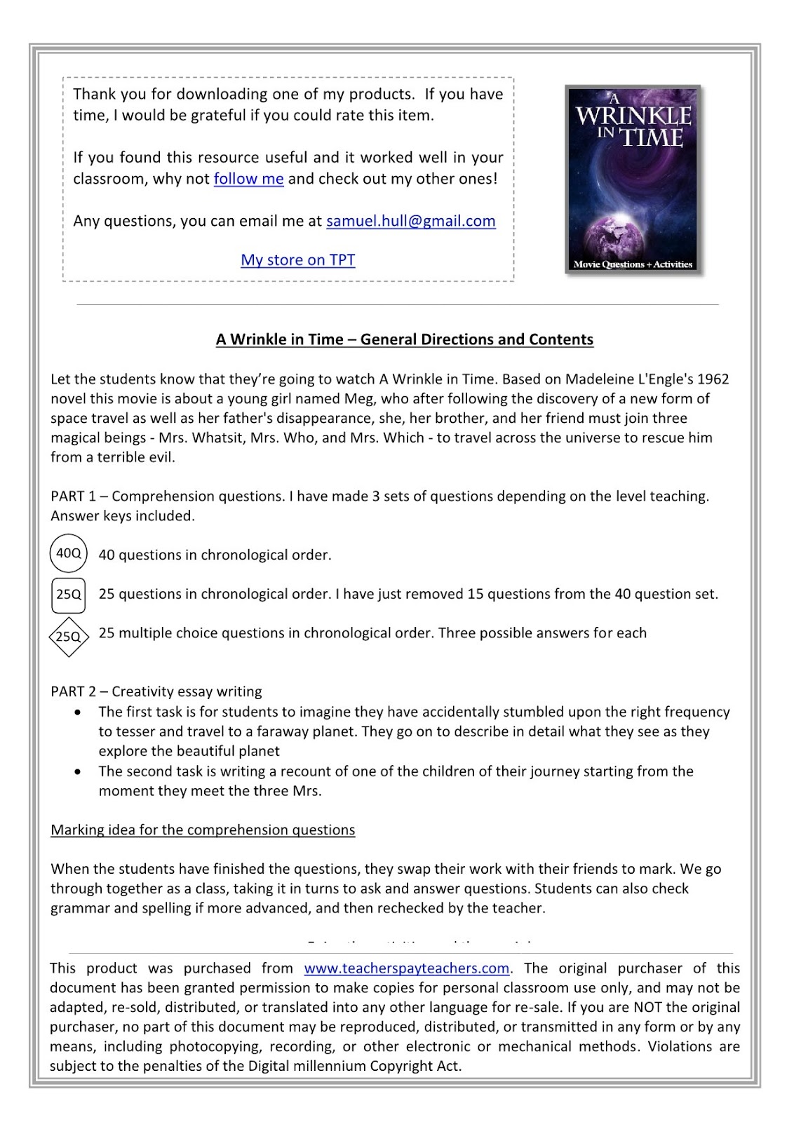 A Wrinkle in Time Movie Guide + Essays - Answer Keys Included (Color ...