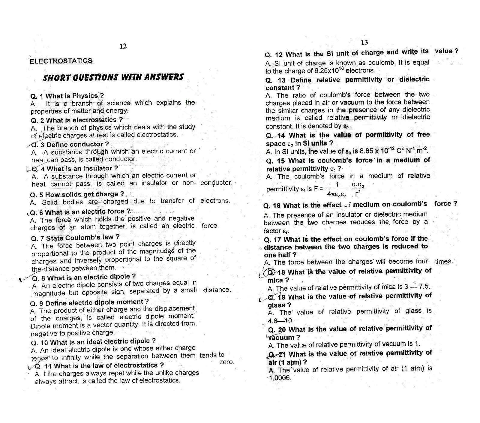 2nd Year Physics Chapter 12 Electrostatic Short Questions Notes - Ratta.pk