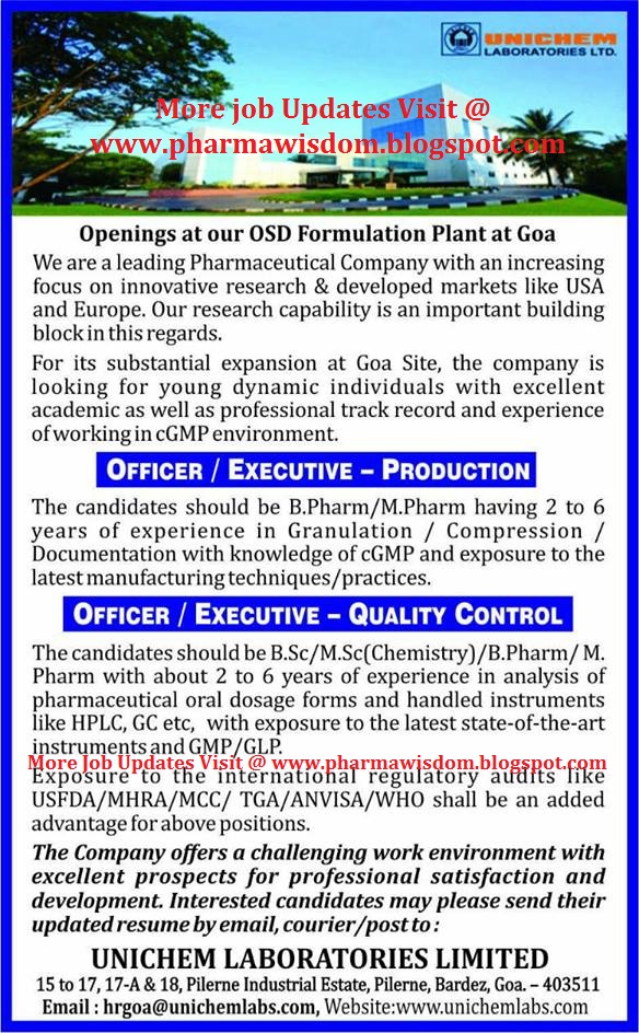 Openings in Production & Quality Control Departments @ UNICHEM ...