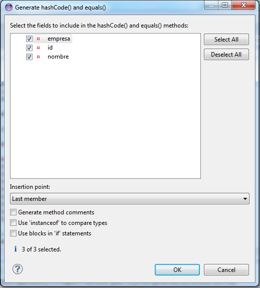 Java Util: Eclipse: Sobrescribir metodos equals() y hashCode()