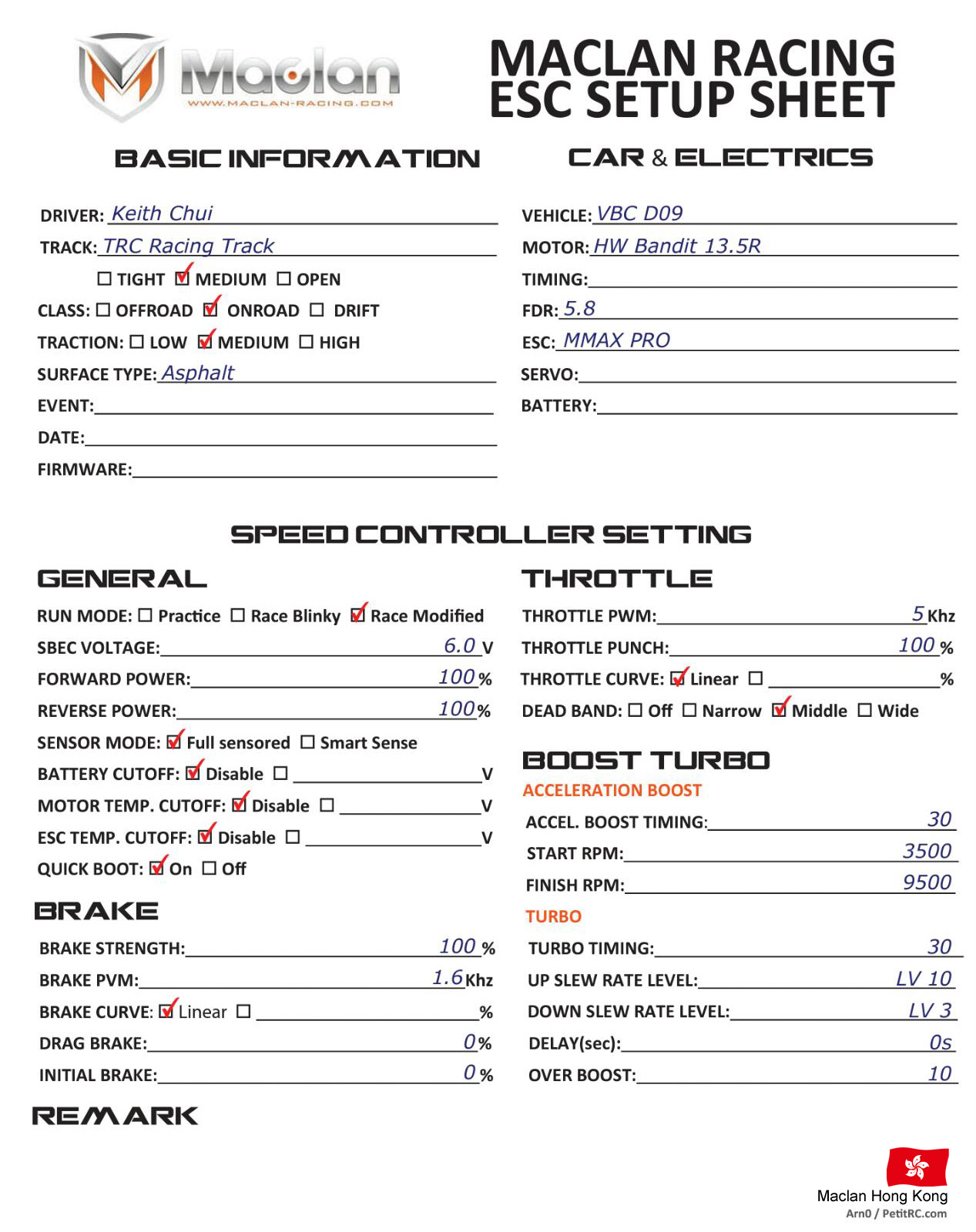 大家的RC: Maclan Racing “MMAX PRO ESC” Setup Sheet~