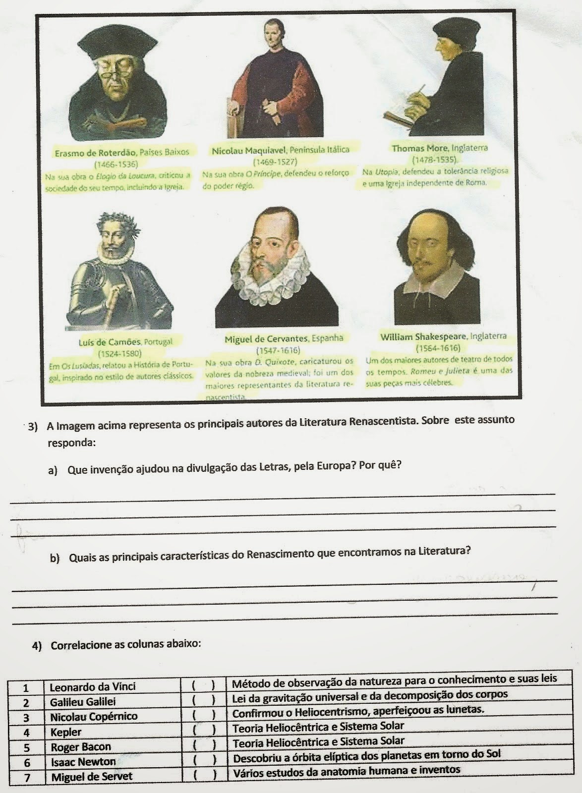 Atividade Sobre O Renascimento 7 Ano - NAZAEDU