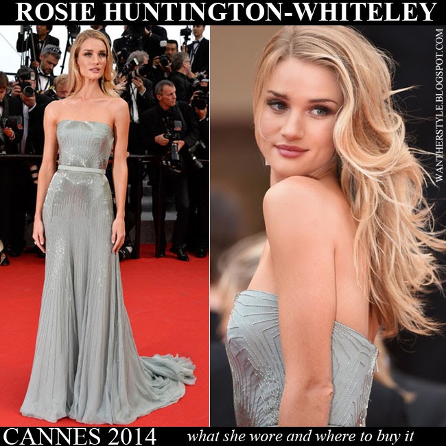 What She Wore Rosie Huntington Whiteley In Grey Silver Strapless Gown