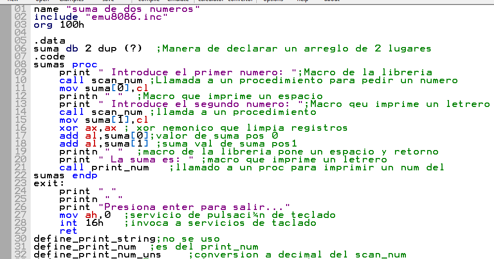 Lenguajes de Interfaz: Unidad No.1-Programa que suma dos numeros utilizando la libreria emu8086.inc