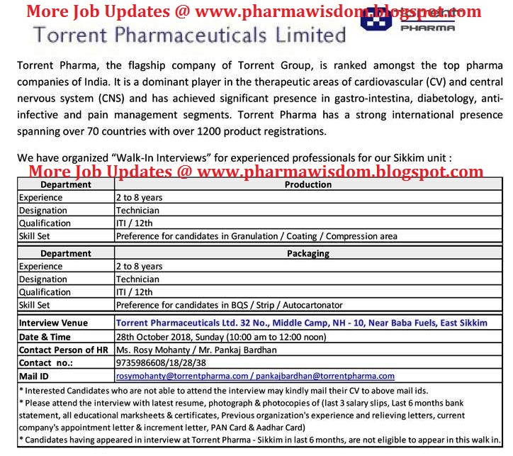 Torrent Pharmaceuticals Ltd - Walk-In Interviews on 28th October, 2018 ...