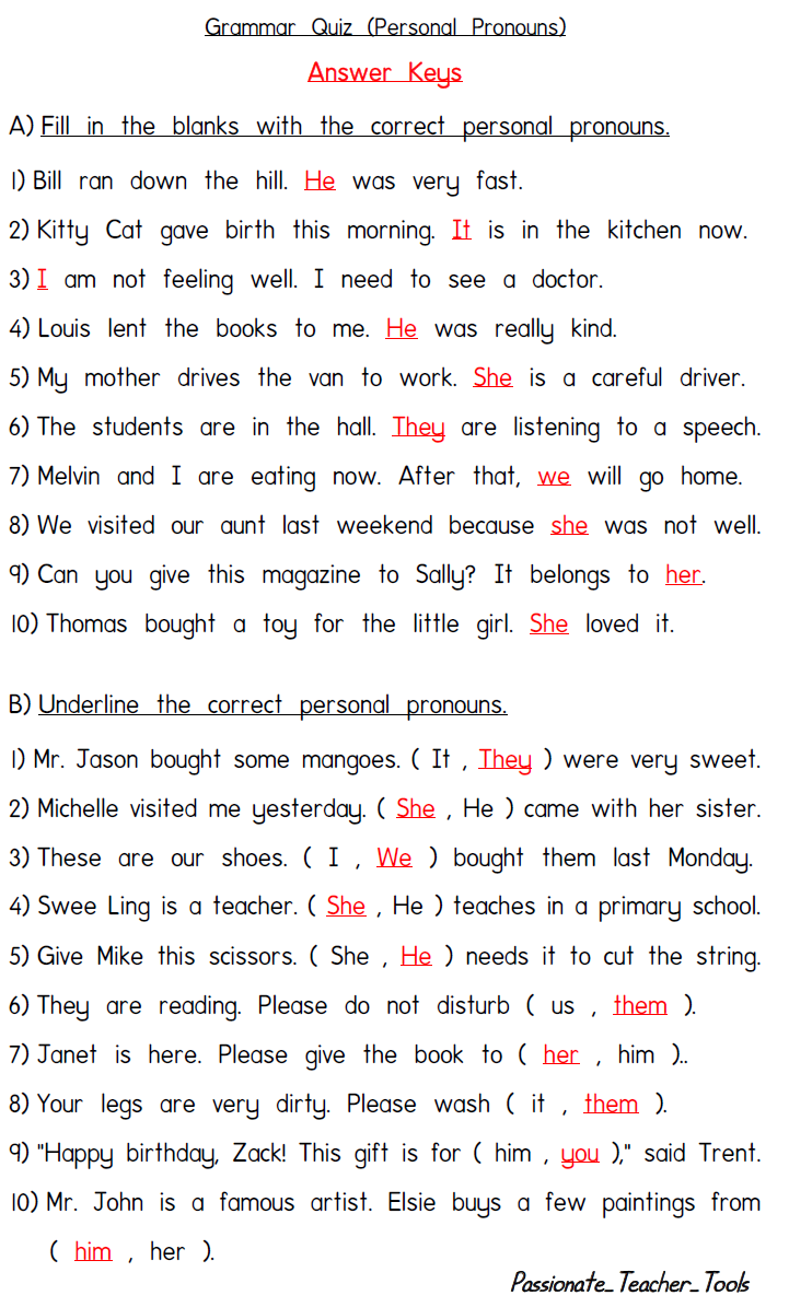 Passionate Teacher Tools: Personal Pronouns Quiz 1 (With Answers)