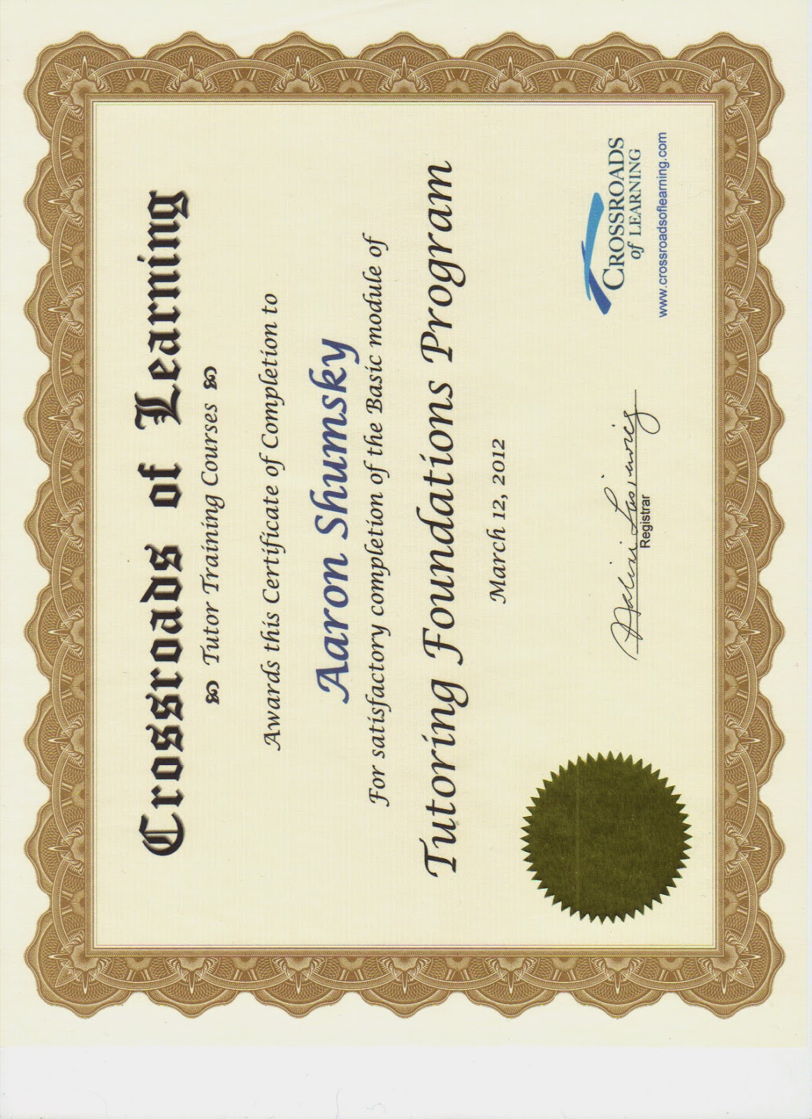 Aaron Shumsky - Math Tutor: Credentials