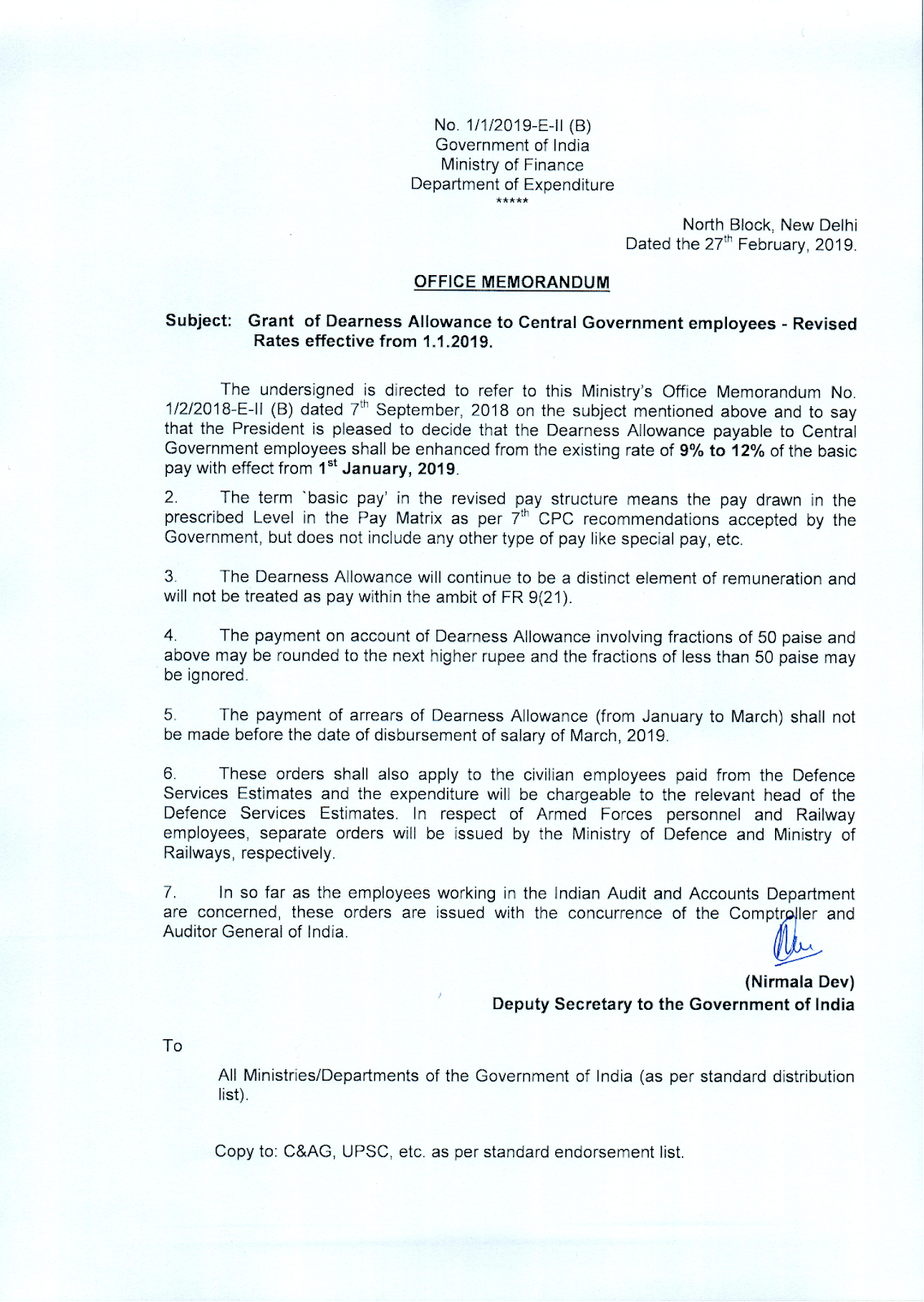 Grant of Dearness Allowance to Central Government employees - Revised ...