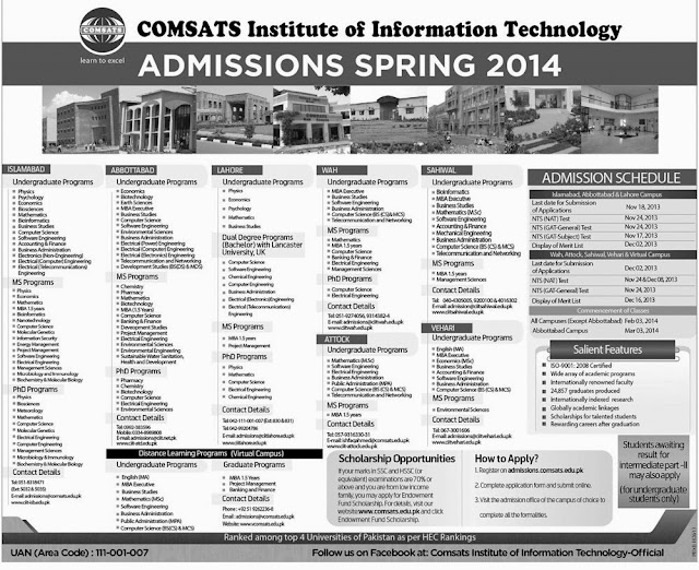 Educational Blog : Comsats spring admissions 2014