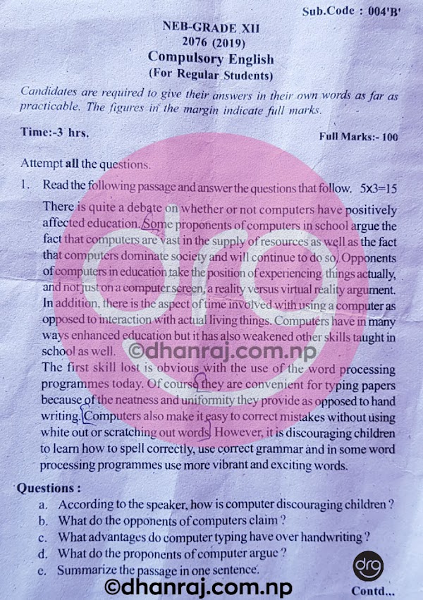 Compulsory English | Class 12 | Question Paper 2078 [2021] | Sub Code ...