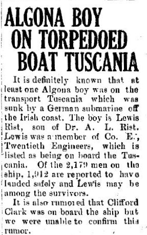 Kossuth County History Buff: THE SINKING OF THE S. S. TUSCANIA