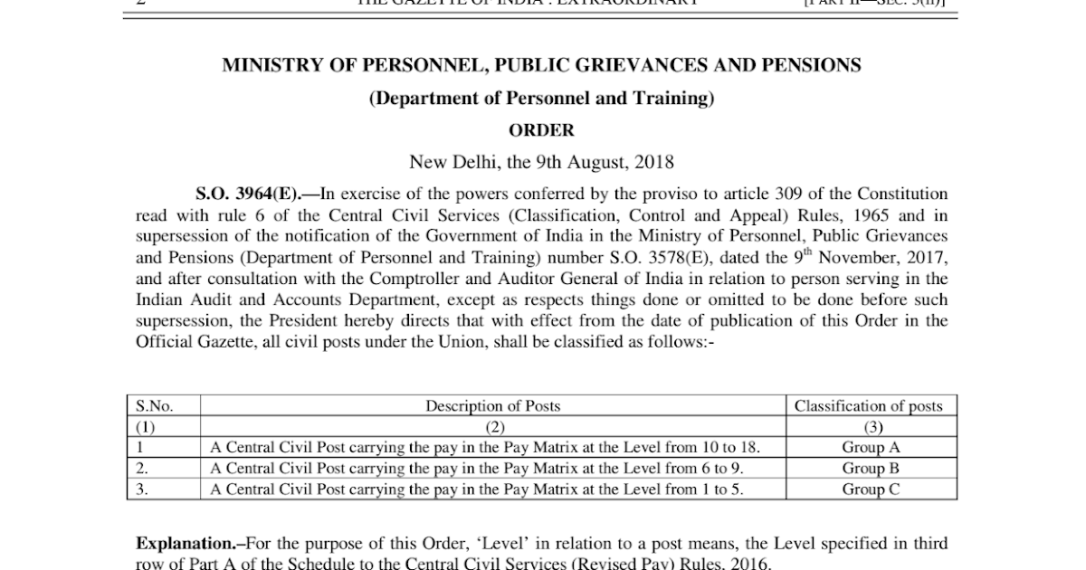 DoPT Classification of Post - GAZETTE NOTIFICATION ~ CENTRAL GOVERNMENT ...
