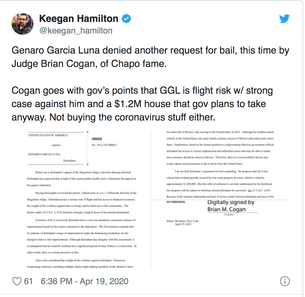 3 - 0: NY Federal Judge Brian Cogan vs Genaro Garcia Luna; Bail Denied ...