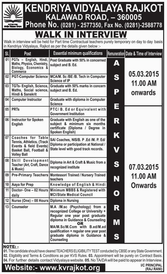 Kendriya Vidyalaya Rajkot Walk in Interview for Teachers & Other ...