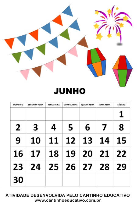 CALENDÁRIOS 2019 COLORIDOS - MÊS DE JUNHO - CANTINHO EDUCATIVO