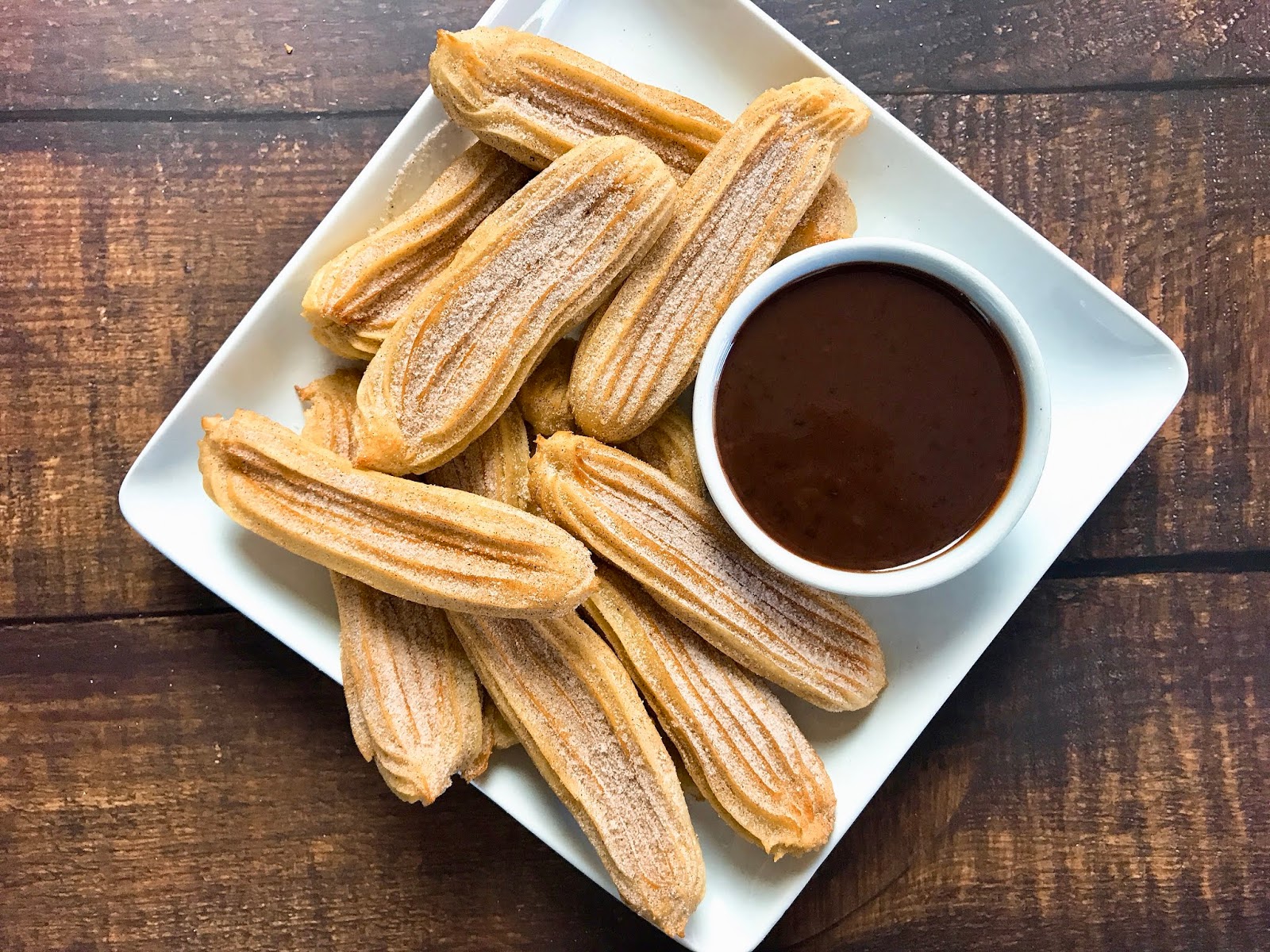 Baked Churros with Easy Chocolate Fudge Sauce