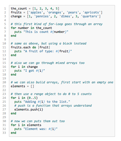 TESTHEAD: Exercise 32: Loops And Arrays: Learn Ruby the Hard Way: Practicum