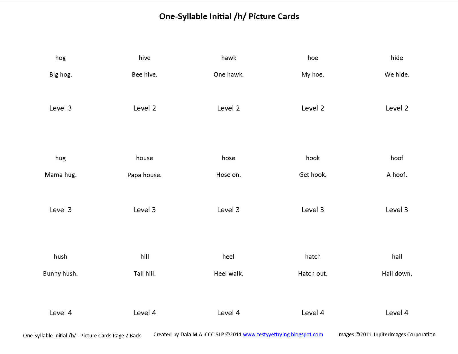 Testy yet trying: Initial H: Free Speech Therapy Articulation Picture Cards