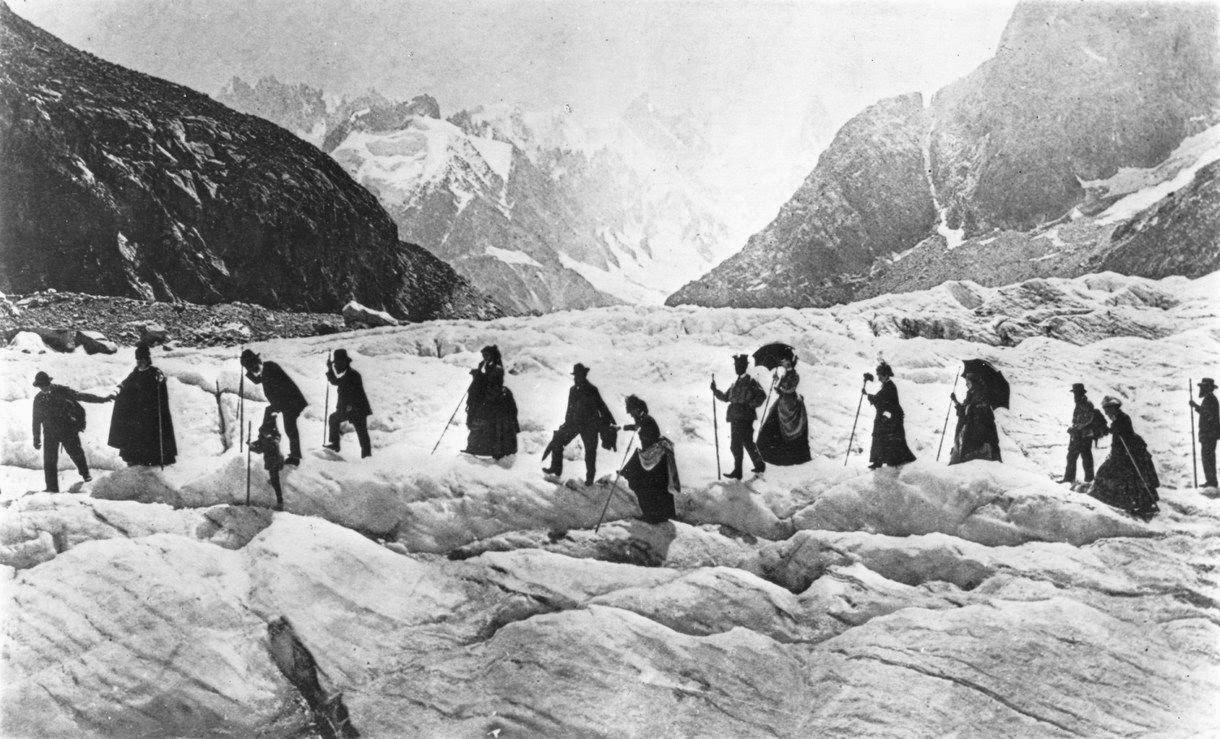 Victorian travellers on the Chamonix Glacier in the Savoy Alps, France ...