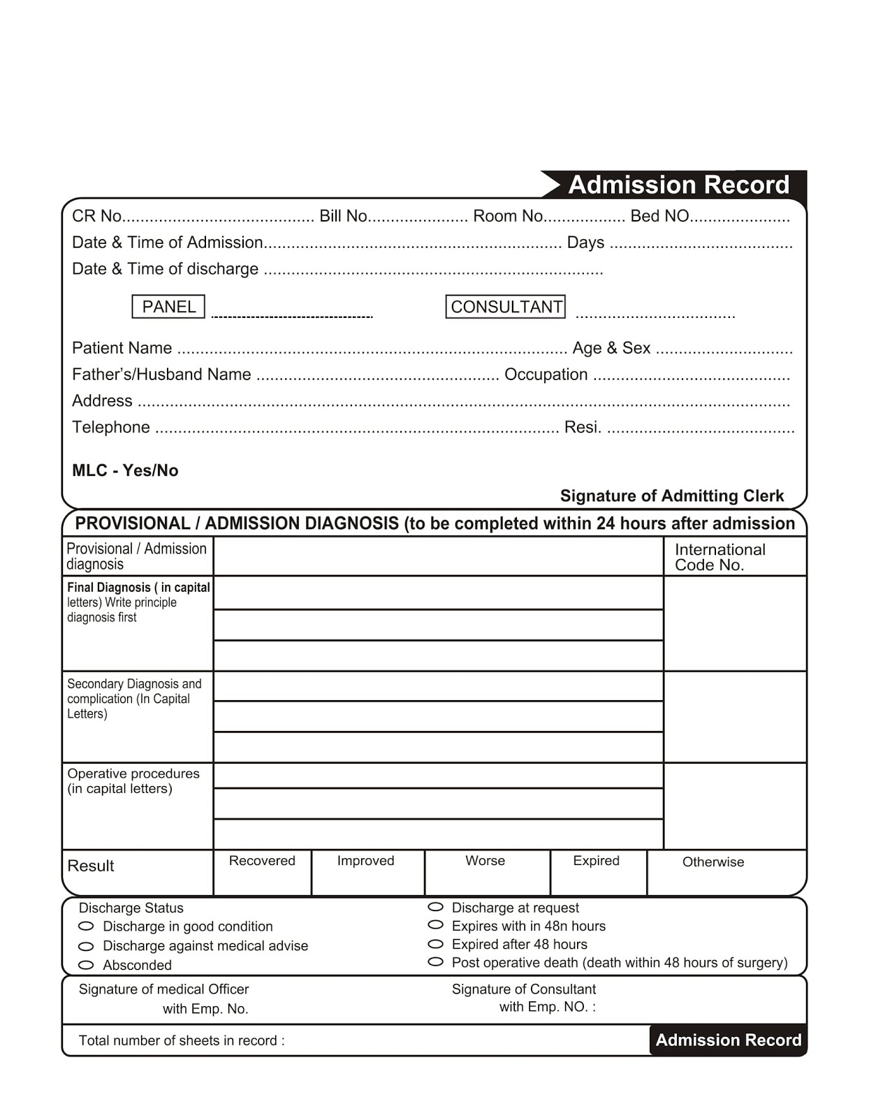 Health Adms Solutions: Admission Record Sheet